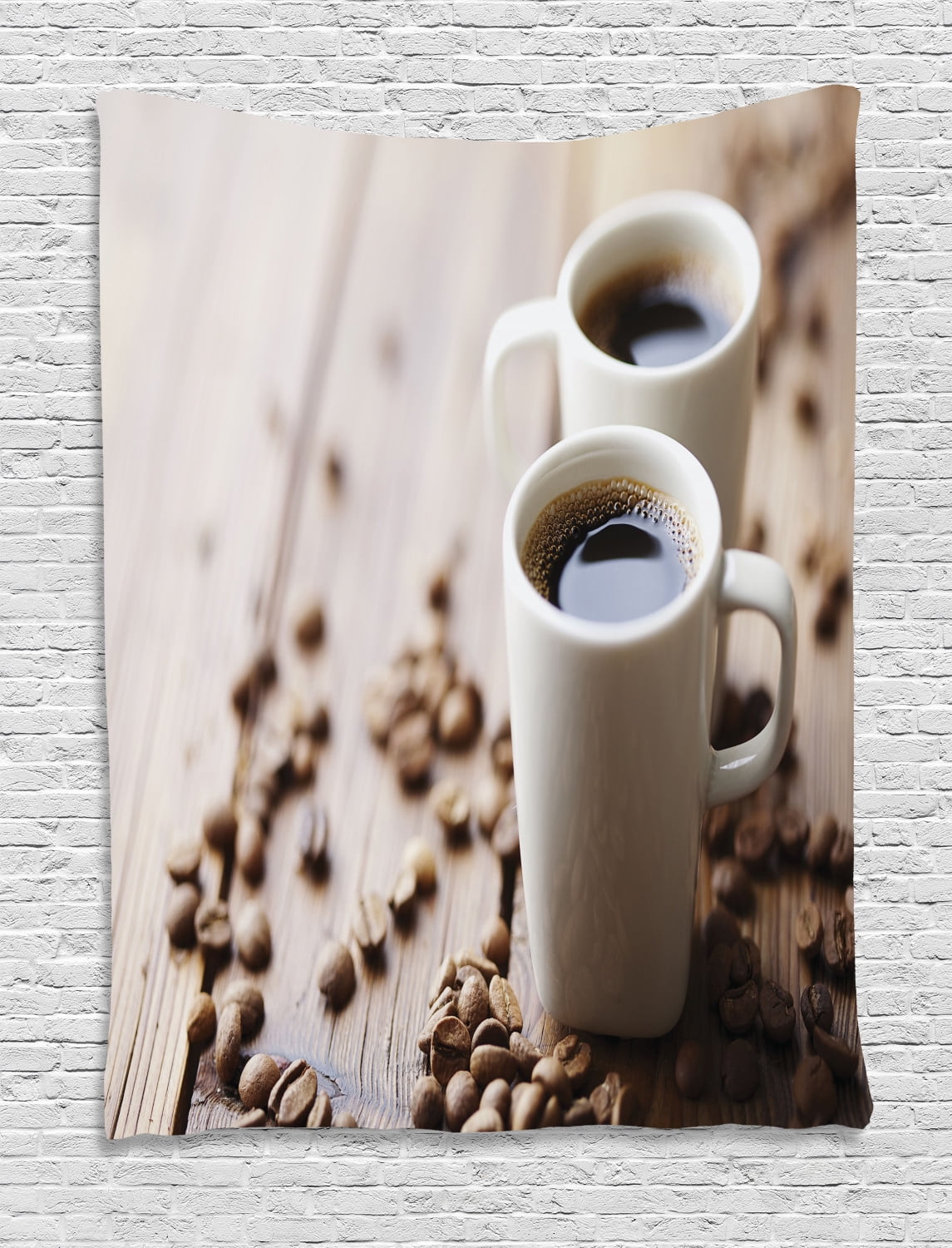 Coffee Tapestry, Espresso in Cups on Wooden Table with Beans Hot Drink ...