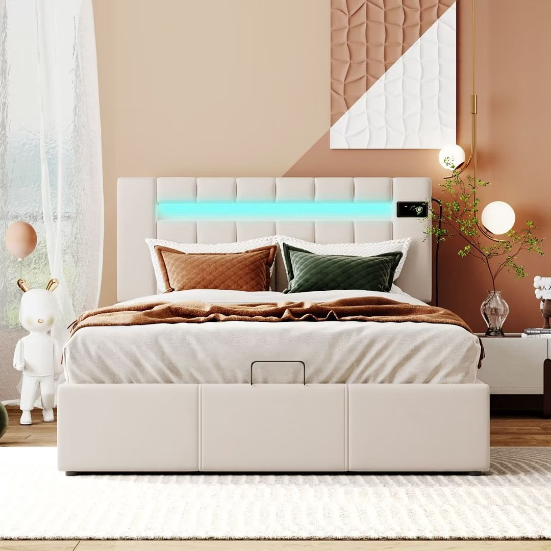 Full Size LED Bed, Velvet Platform Bed, Lift Storage Bed with LED light ...