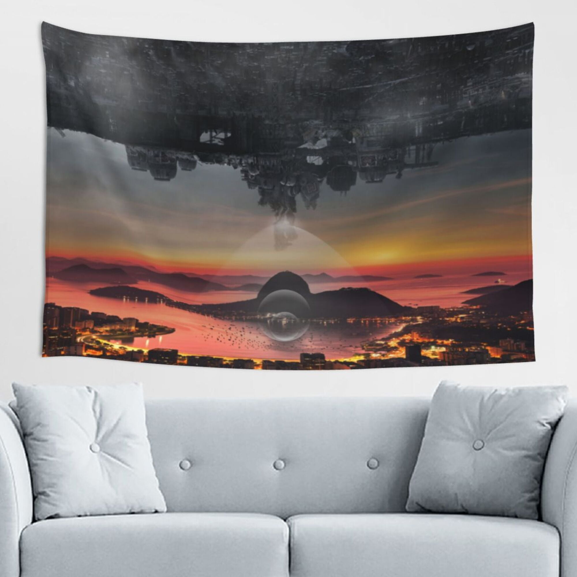 Cyberpunk Future City Tapestry, Sunset Space Ships Wall Hanging ...