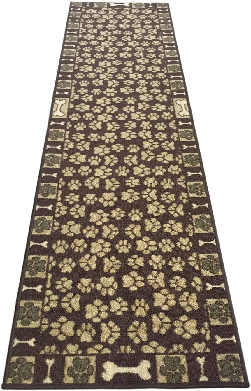 Pet Paw and Bone Design 2 x 7 Rug Runner Brown Aqua Blue Printed Slip ...