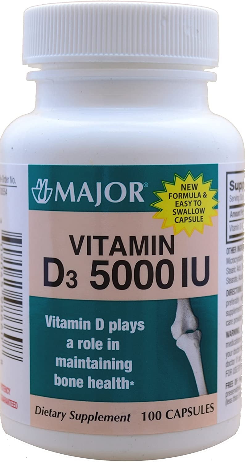Major Vitamin D3 as Cholecalciferol 5000 IU Vitamin D Supplement 100 Capsules per Bottle (Each ...