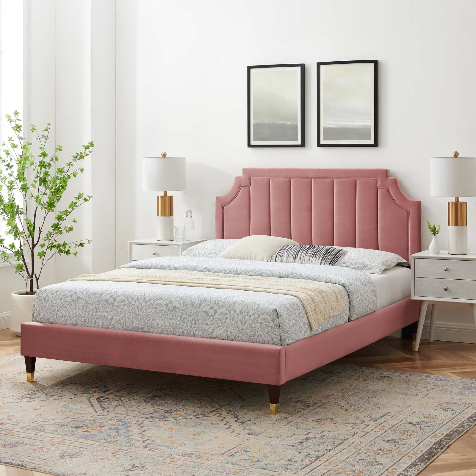 Modway Sienna Performance Velvet Queen Platform Bed in Dusty Rose ...