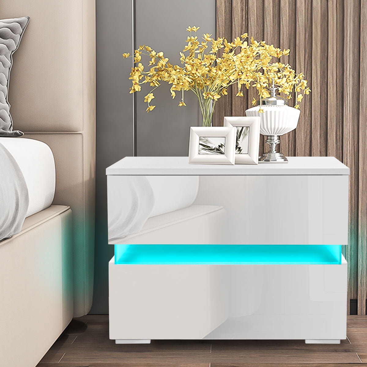 Hommpa LED Nightstand with 2 Drawers High Gloss Night Stand for Bedroom ...