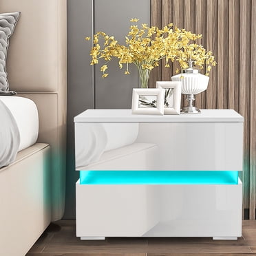 Hommpa High Gloss LED Nightstand Modern Bedside Table with 2 Drawers ...