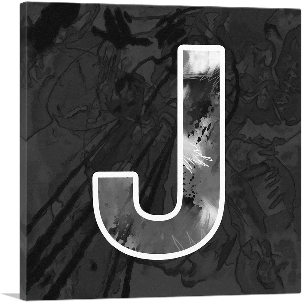 ARTCANVAS Modern Black White Alphabet Letter J Canvas Art Print - Size ...