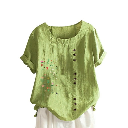 Summer Women Cotton Linen Tshirt Tops Loose Fit Casual Trendy Flowers ...