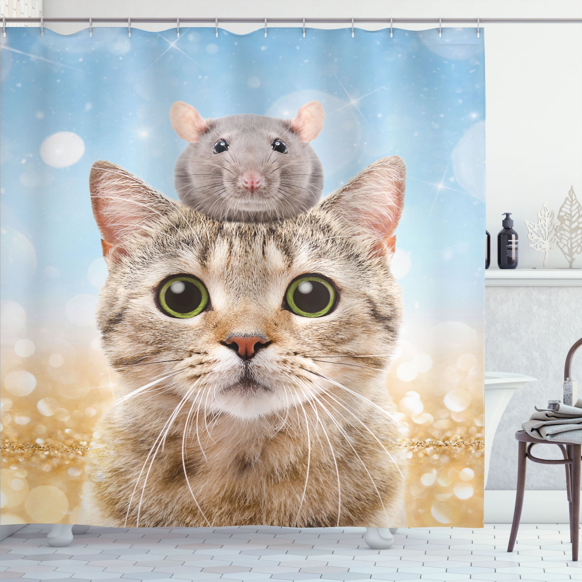 Ambesonne Cat and Mouse Shower Curtain, Rat on Kitten Friend, 69"Wx70"L ...
