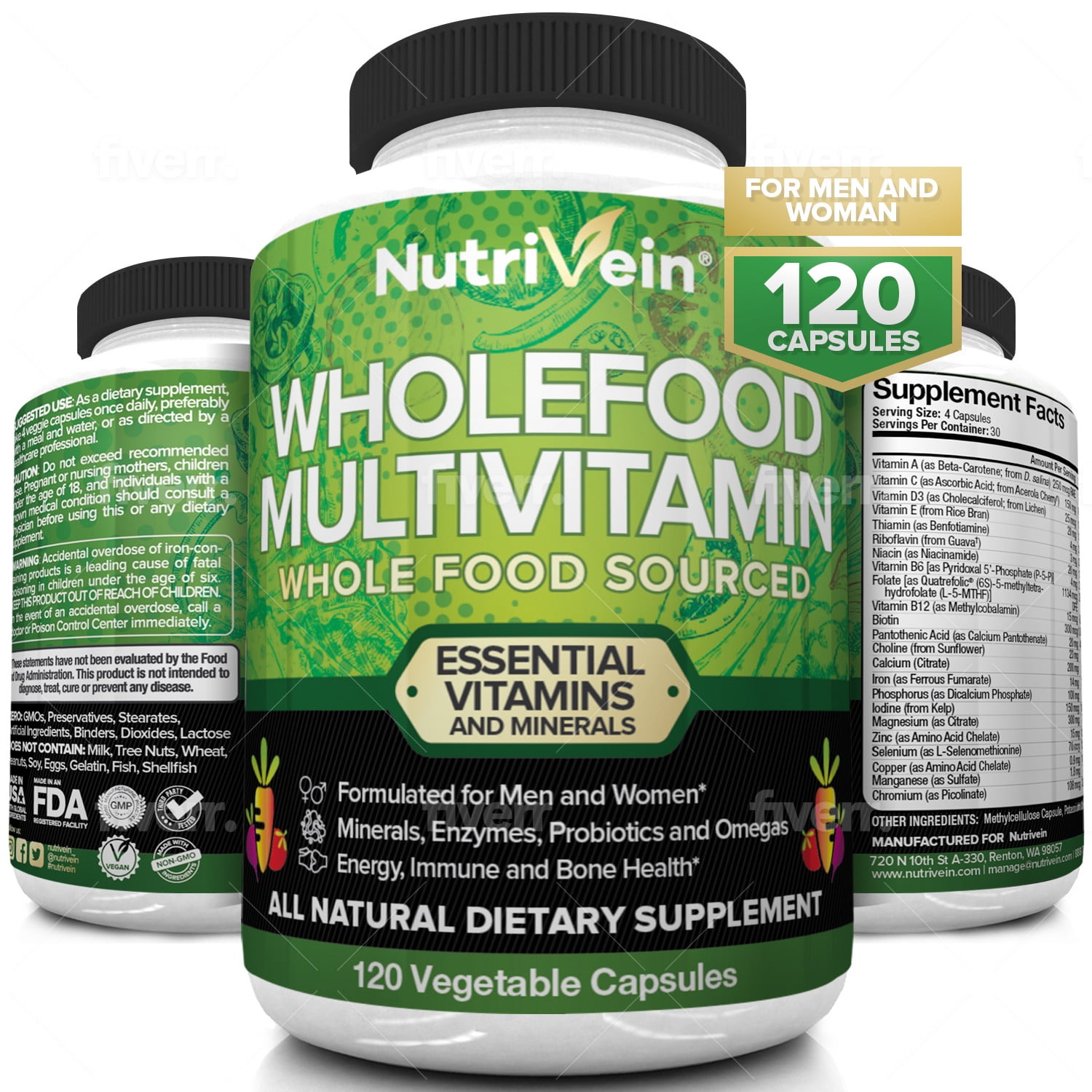 Nutrivein Whole Food Multivitamin - Complete Daily Vitamins For Men and ...