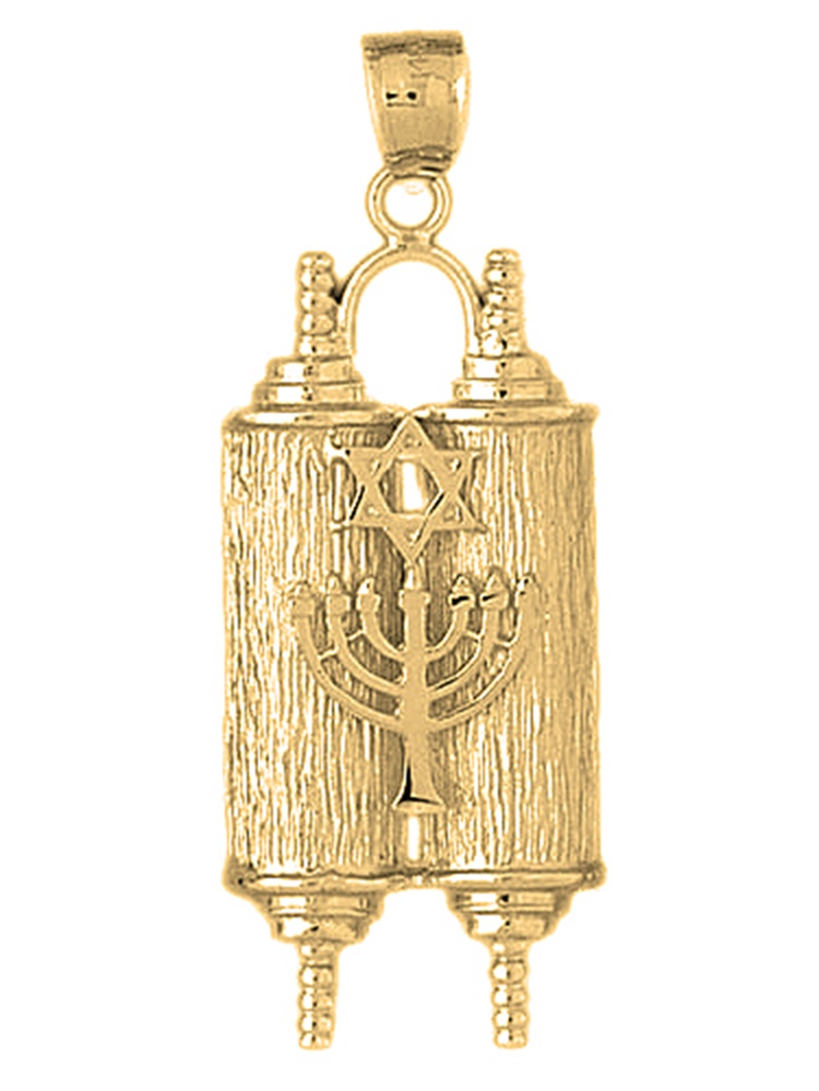 18K Yellow Gold Torah Scroll with Star & Menorah Pendant - 51 mm ...
