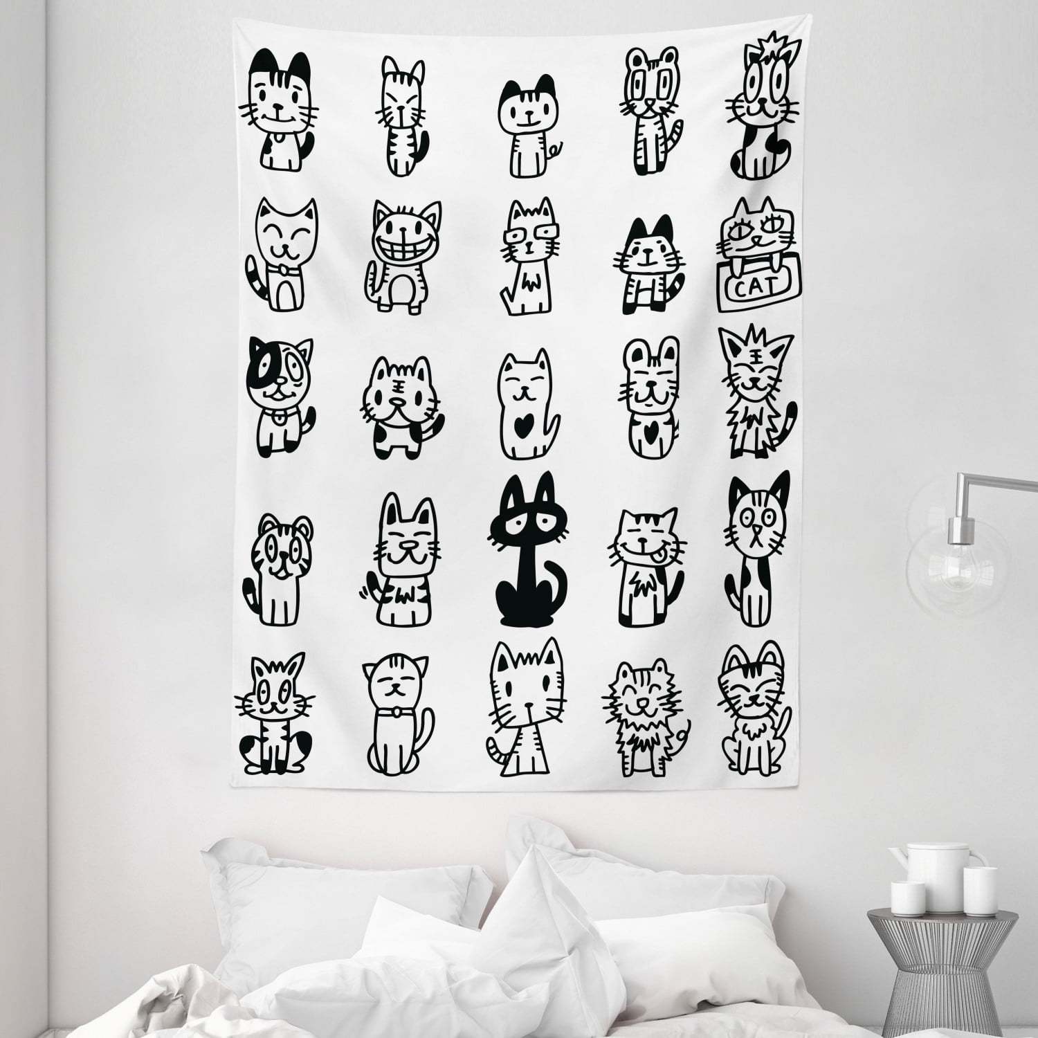 Cat Tapestry, Hand Drawn Sketchy Cats with Happy Face Gestures Comic ...