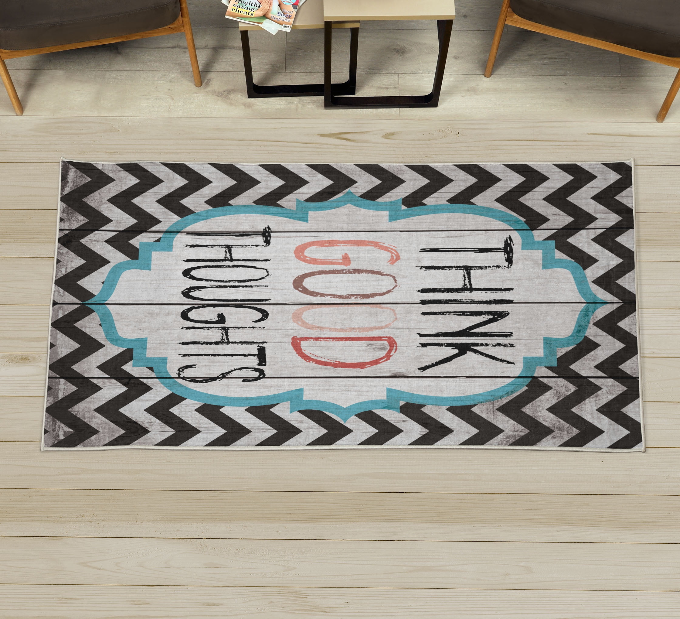 Saying Decorative Rug, Think Thoughts Message with Rainbow Colored ...