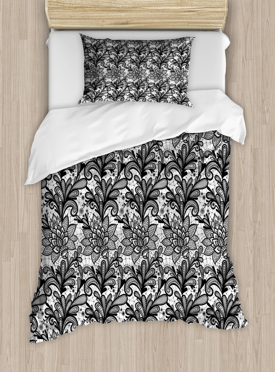 Leaf Twin Size Duvet Cover Set, Lace Style Graphic Ornament in Black ...