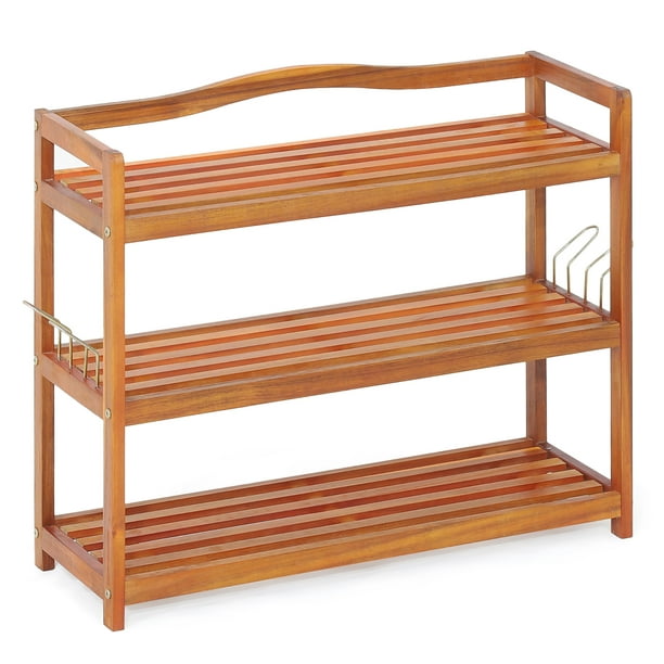Costway 3-Tier Wood Shoe Rack Solid Acacia Wood Shoe Shelf with Side ...