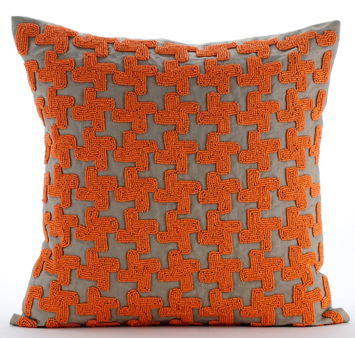 Cushion Cover Custom, Orange Throw Pillow Cover, Orange Beaded Lattice ...