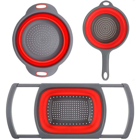 3-Packs Red Silicone Kitchen Collapsible Colander Set - 6-Quart Square ...