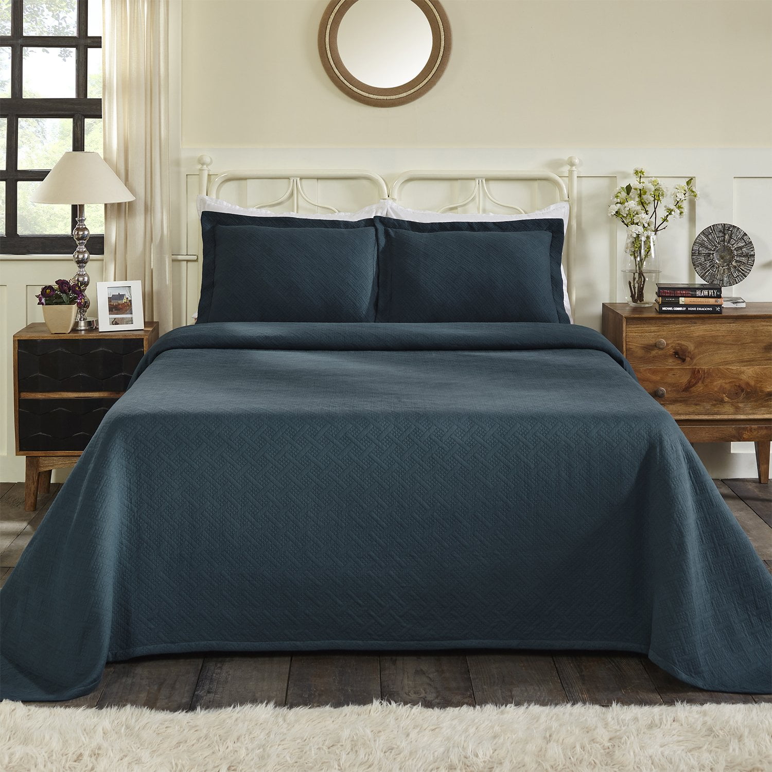 Basket Weave 100% Cotton Jacquard MatelassÃÂ© Bedspread Set Deep Sea ...