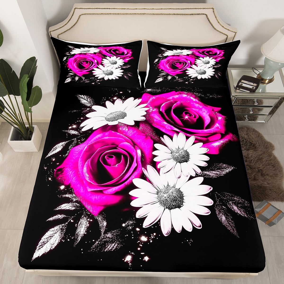 Erosebridal Romantic Pink Rose Fitted Sheet Set Queen, Daisy Floral ...