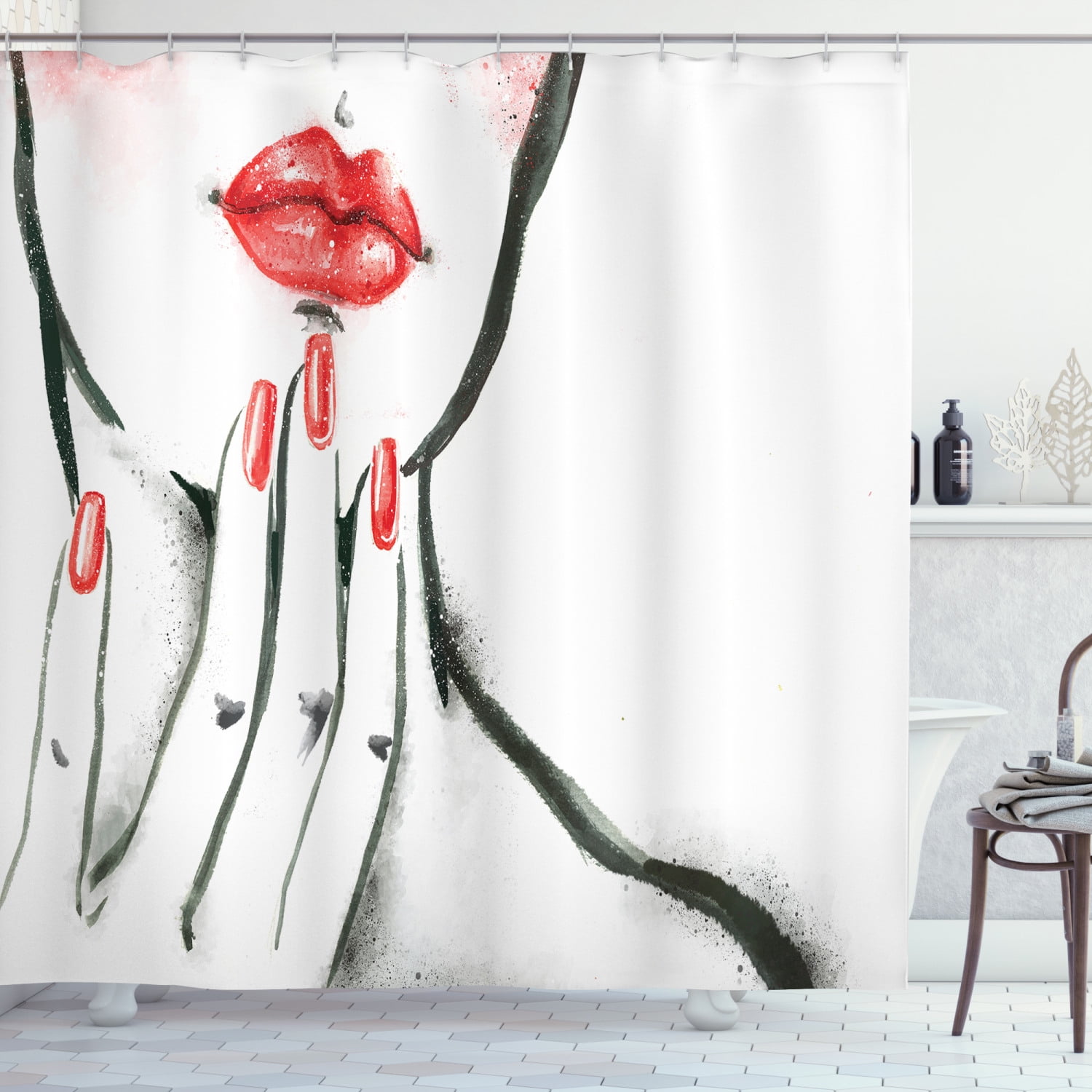 Ambesonne Lips Shower Curtain, Red Nails and Blushed Cheeks, 69"Wx70"L ...