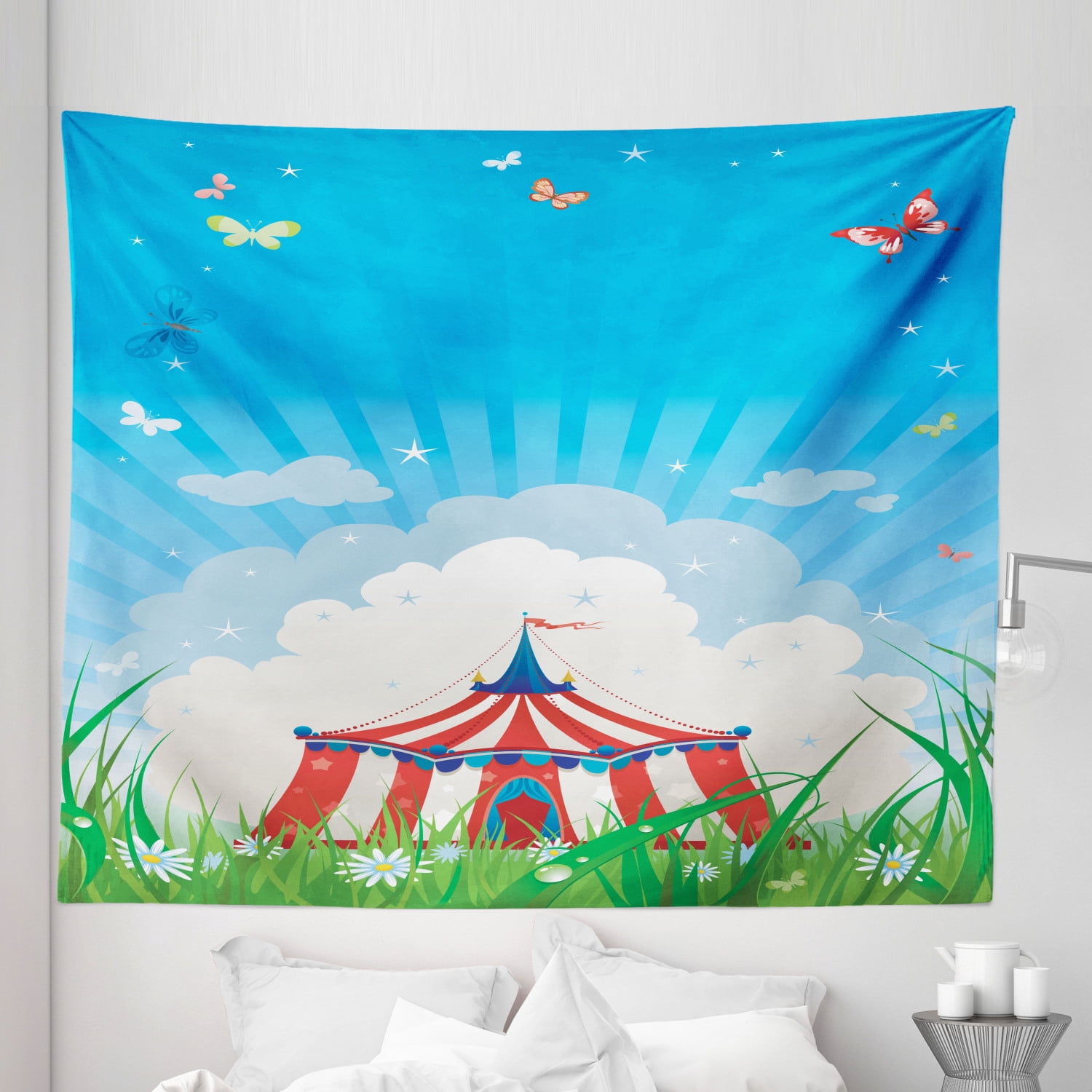 Retro Tapestry, Travelling Circus Tent with Clouds Butterflies and ...