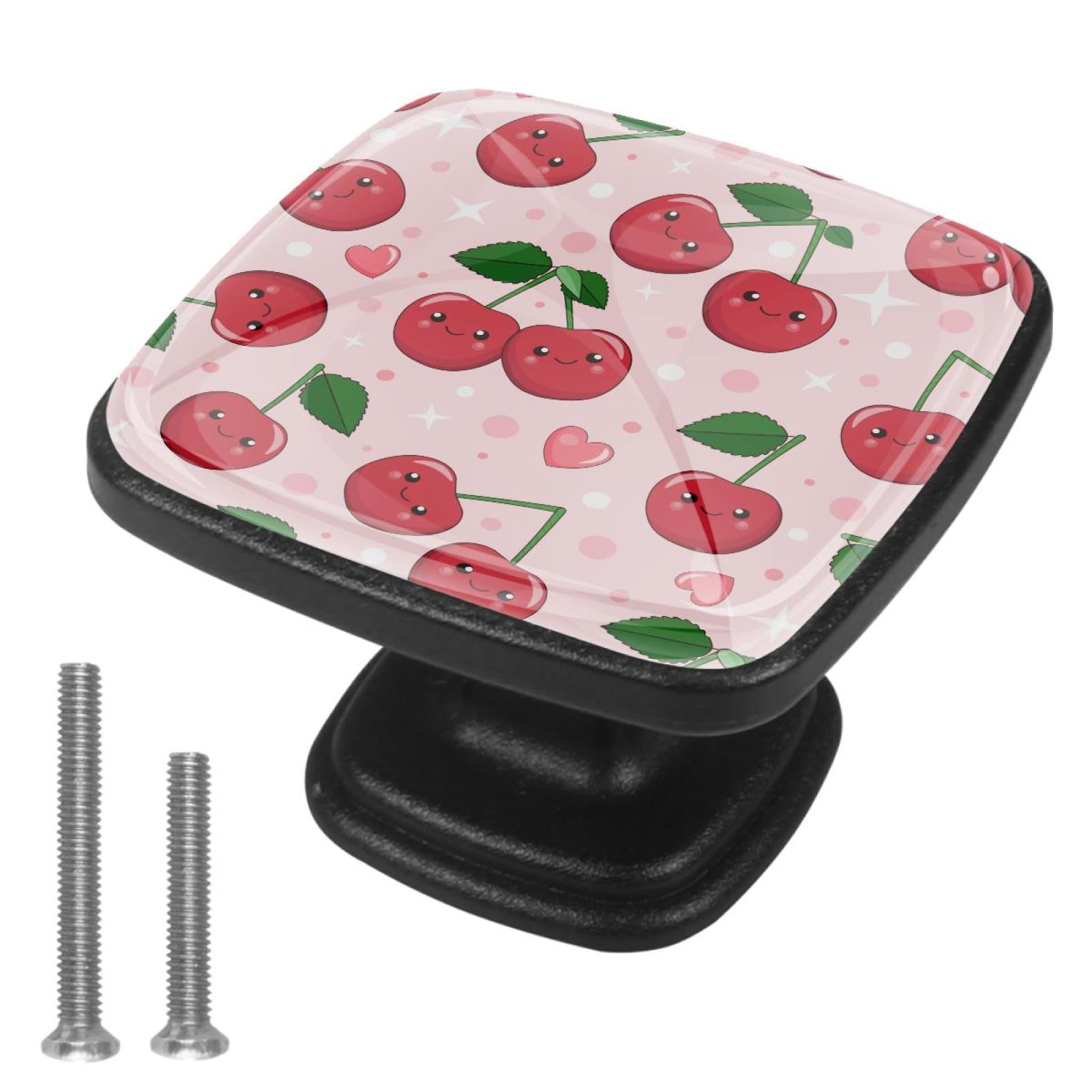 4 Pcs Cabinet Handle Drawer Pulls Cartoon Red Cherry Knobs with Screws Square Furniture Office ...