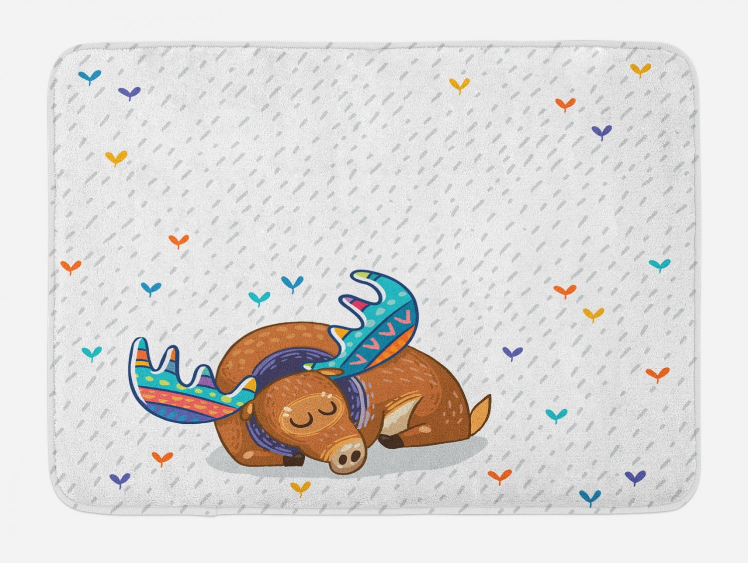 Moose Bath Mat, Colorful Antlers Boho Deer Retro Artsy Winter Rain ...