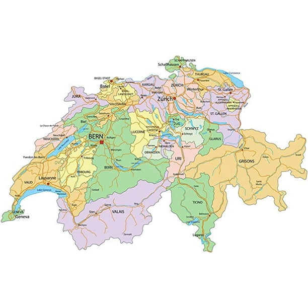 Iconic Arts Laminated 35x24 Poster: Political Map - Map Switzerland ...