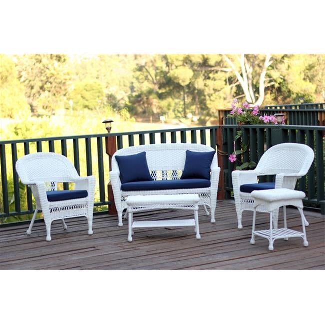 Jeco W00206-G-OT-FS011 5 Piece White Wicker Conversation Set - Blue ...