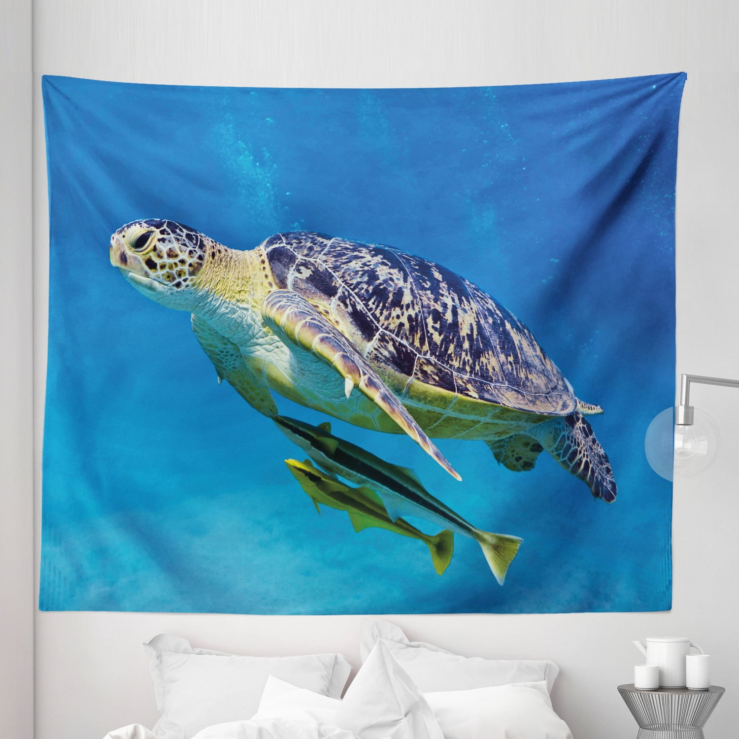 Turtle Tapestry, Angry Looking Sea Turtle Swimming with Remora Fishes ...