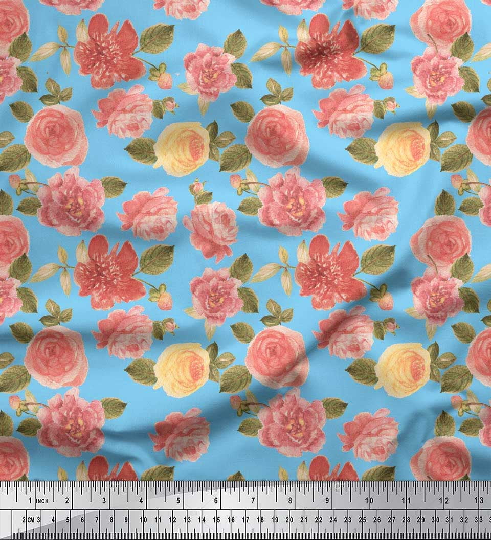 Soimoi Blue Poly Georgette Fabric Leaves & Begonia Floral Printed Craft ...