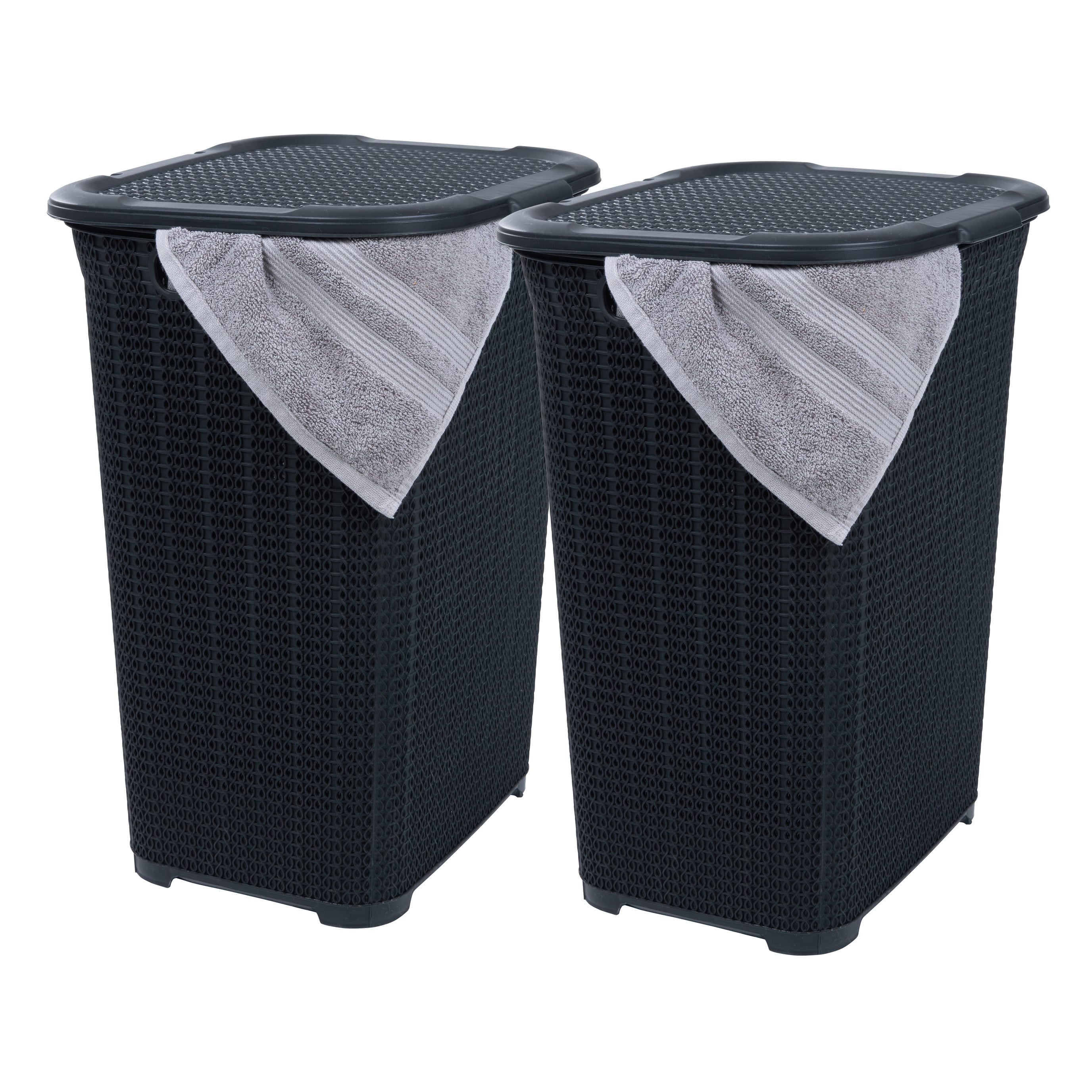 Superio 50L Large Knit Plastic Laundry Hamper with Lid - Black (2 Pack ...