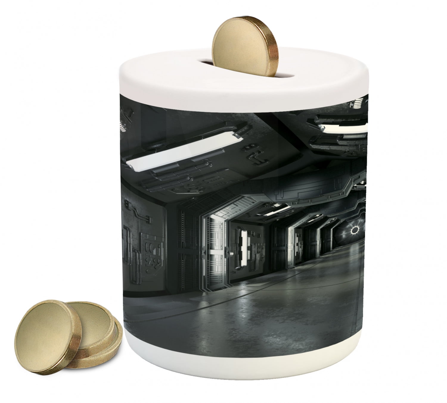 Outer Space Piggy Bank, Dark Futuristic Corridor of Spaceship Adventure ...