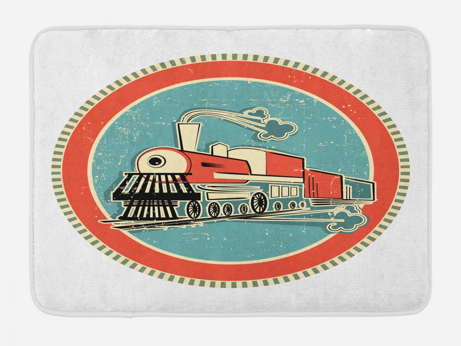 Steam Engine Bath Mat, Vintage Style Orange and Blue Banner Train ...