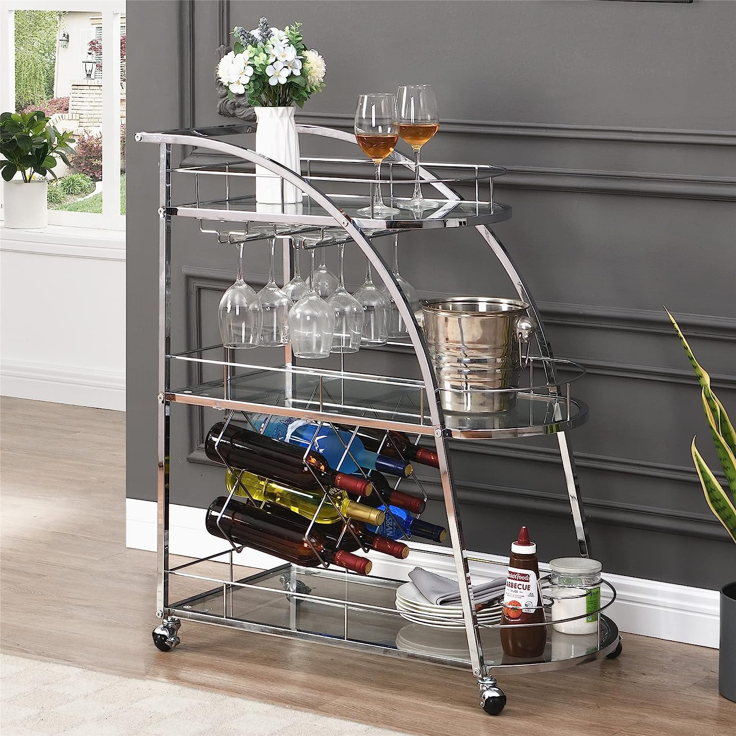 Industrial Mobile Bar Cart Serving Wine Cart with Wheels & Wine Rack, 3 ...