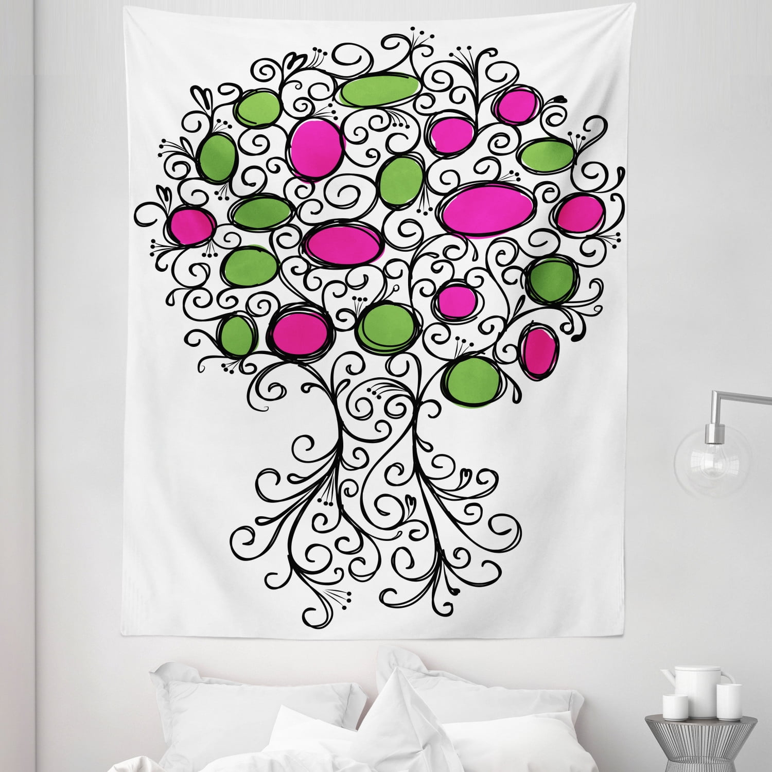 Colorful Tapestry, Magenta Colored Ovals and Curlicue Swirls Hand Drawn ...