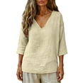 AzureSilk Linen Tops for Women Summer Plus Size Shirts 3/4 Sleeve V ...