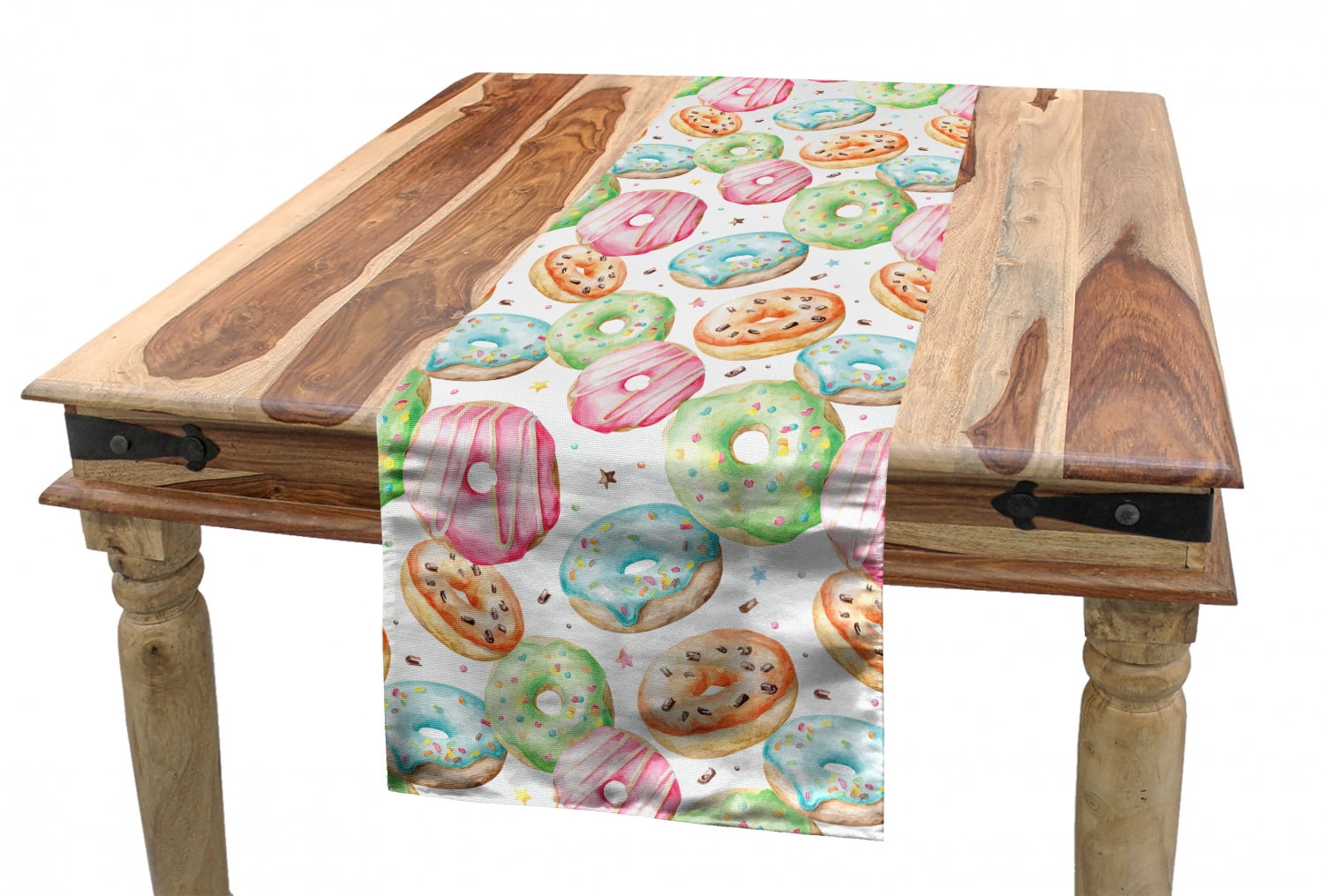 Colorful Table Runner, Delicious Watercolor Pattern with Doughnuts Hand ...