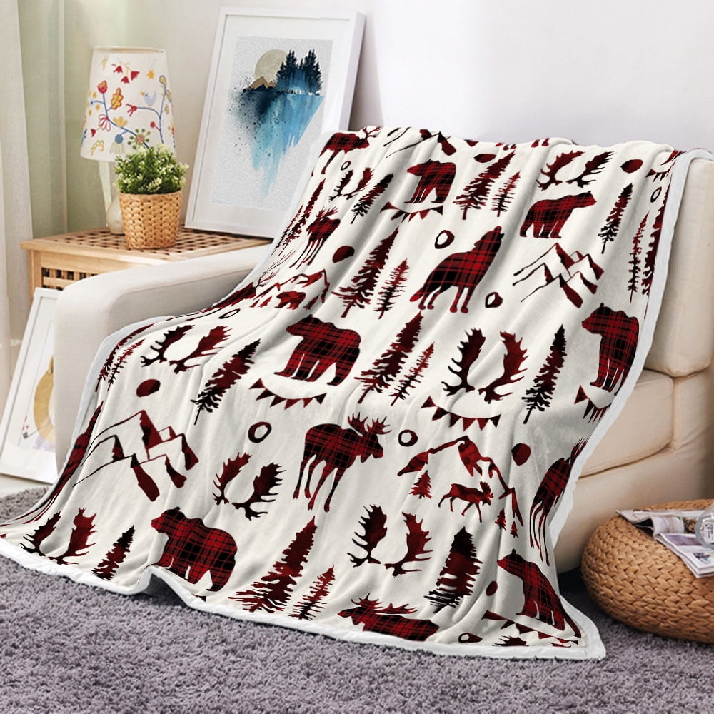 Red Mountain Woodland Animal Throw Blanket Red Elk Antler Pine Tree ...