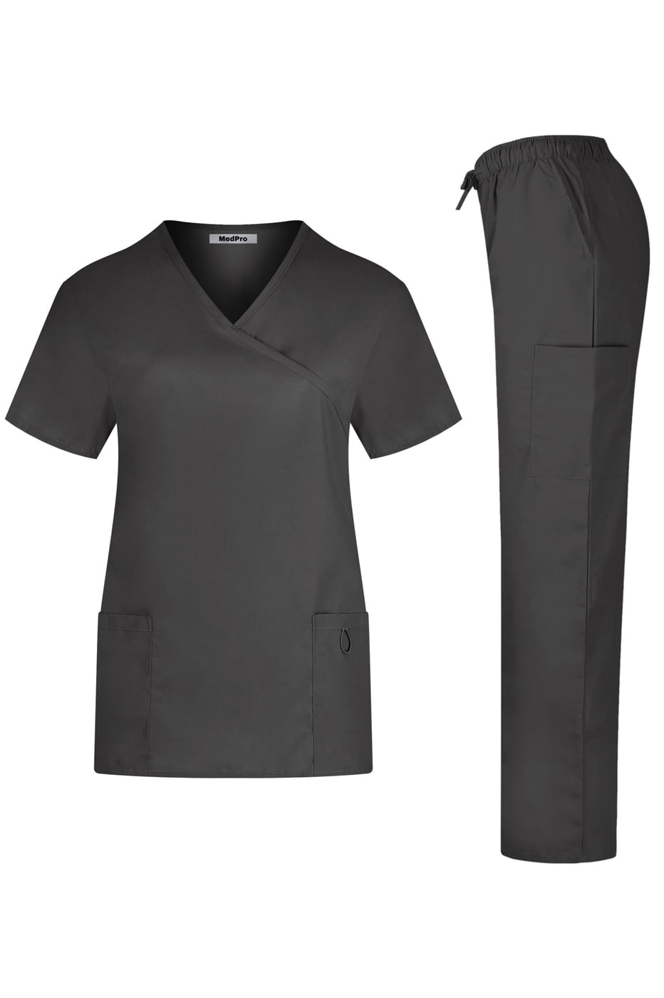 MedPro Women's Solid Medical Scrub Set Tie Back Wrap Top and Pants Dark ...