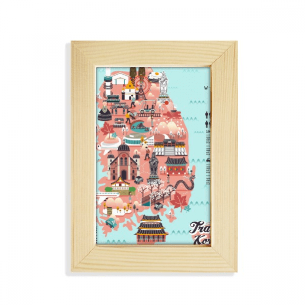 Mapa que muestra hitos de Corea Escritorio de madera Arte Pintura 5x7 ...