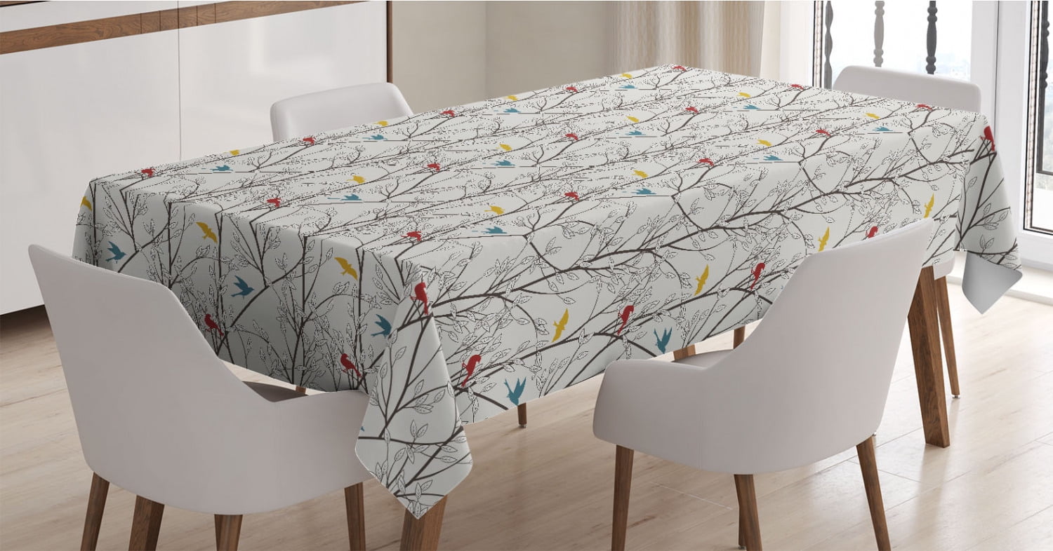 Birds Tablecloth, Spriggy Forest Trees with Leaves and Flying Burgundy ...