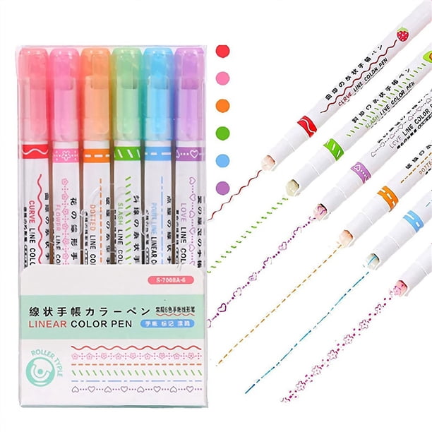 6 Piece Curve Highlighter Set with 6 Different Curve Shape Tip Pens ...