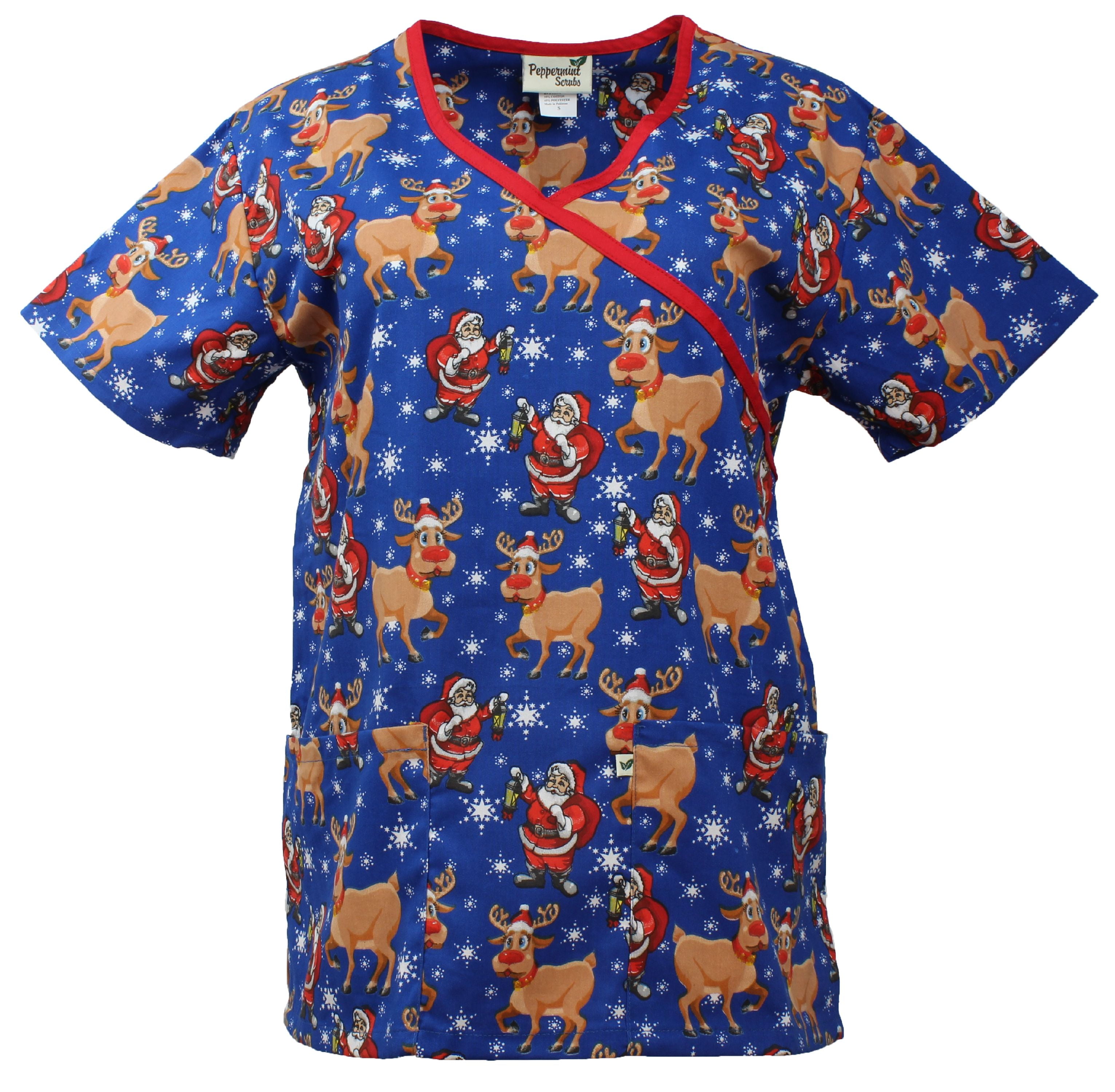 Peppermint Scrubs Womens Holiday Themed Faux Wrap Scrub Top (Blue Santa ...