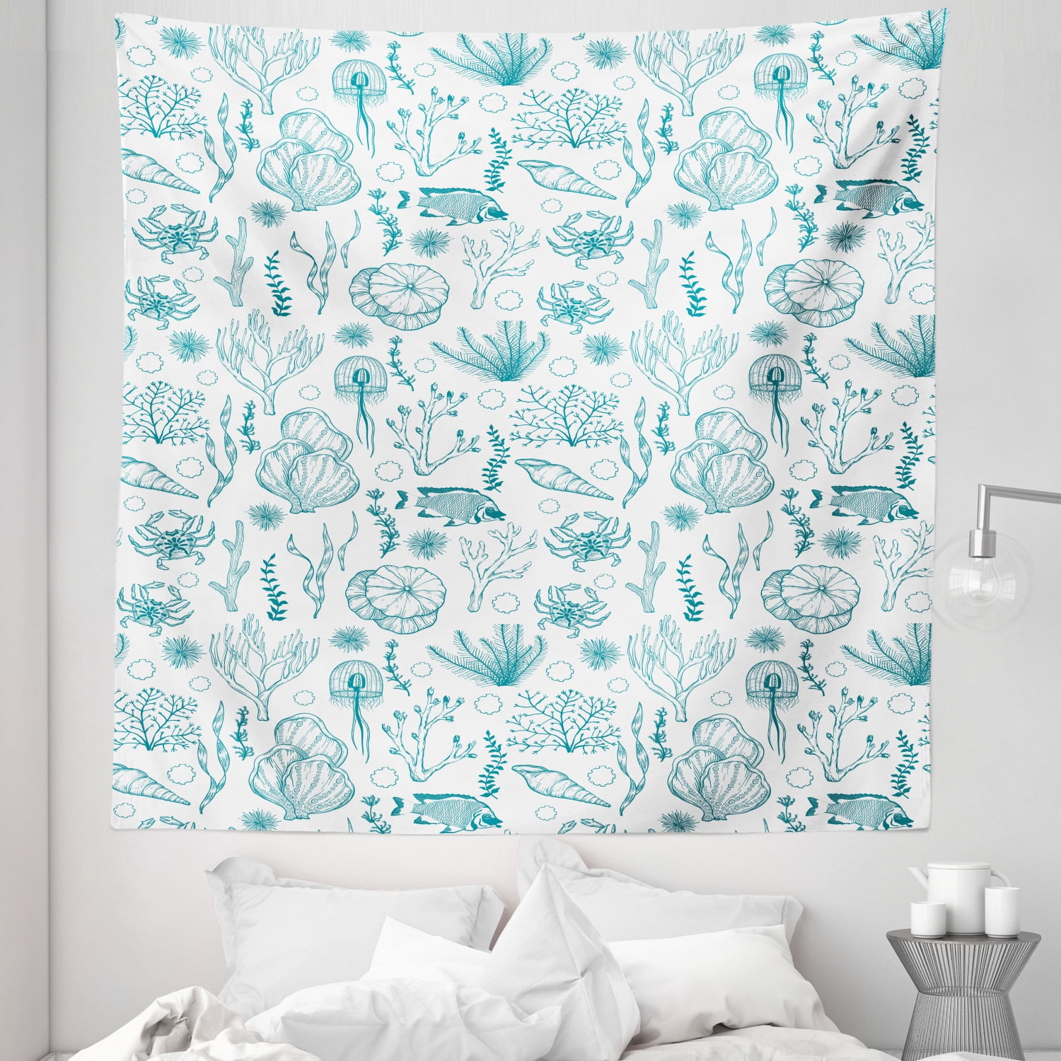 Shells Tapestry, Deep Ocean Scene Outline Uncolored Underwater Living ...
