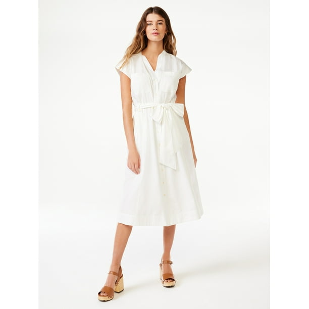 Free Assembly Women’s Belted Midi Shirt Dress with Short Sleeves, Sizes ...