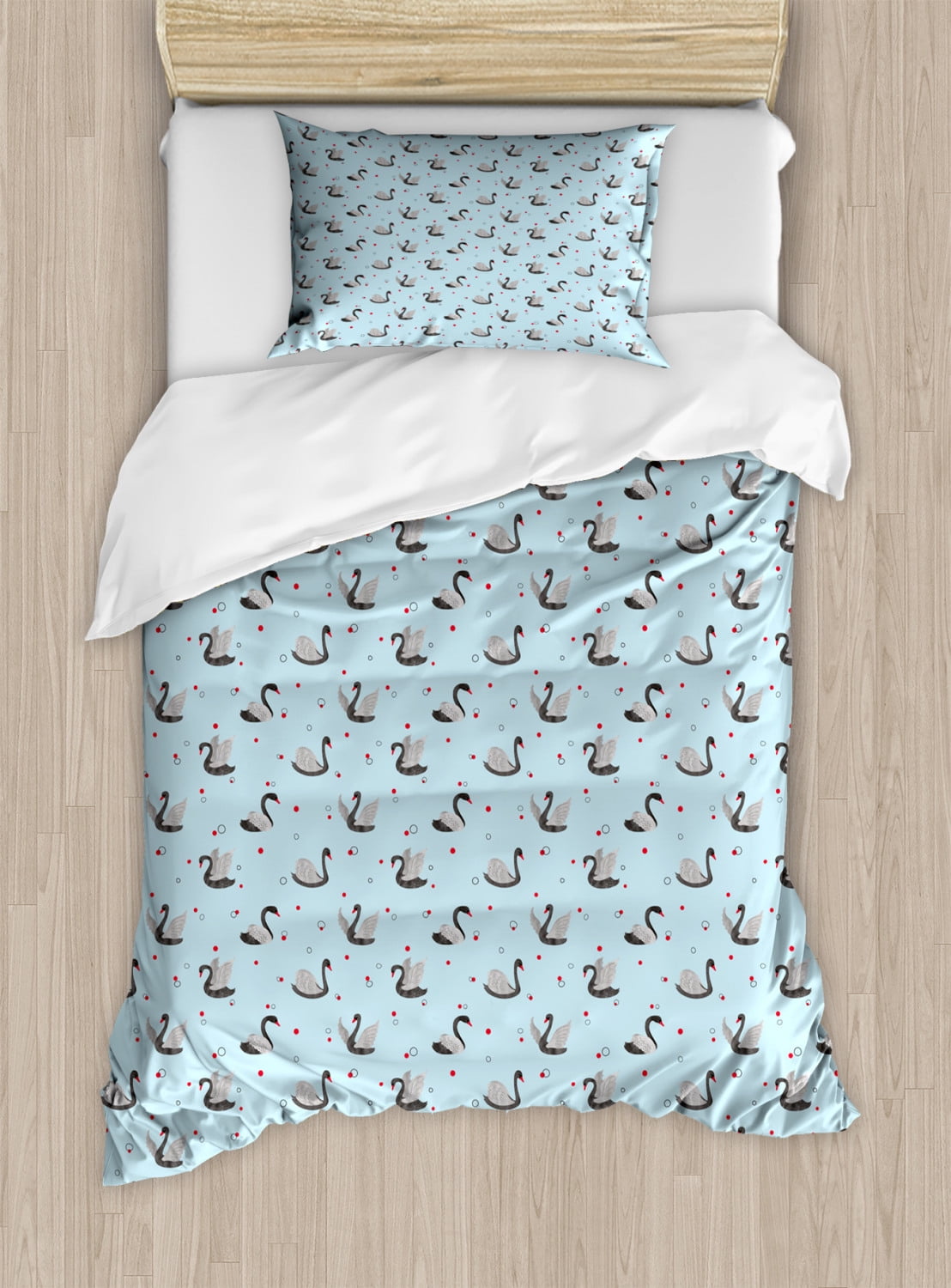 Swan Duvet Cover Set Twin Size, Dark Color Swans on Pale Blue Backdrop ...