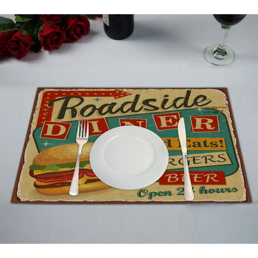 ECZJNT Vintage Roadside Diner metal sign Placemat Table Mat Cup Mat ...