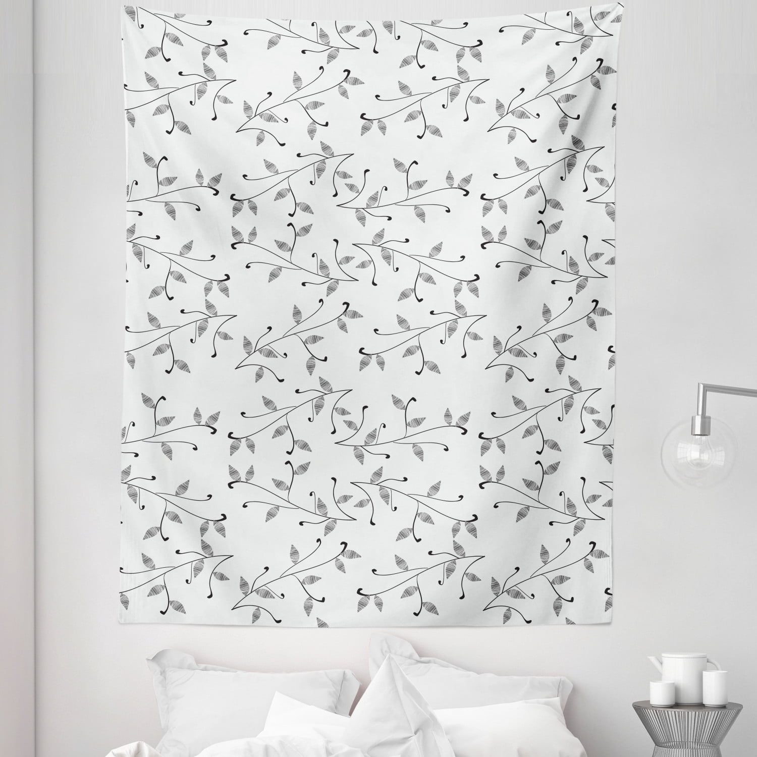 Leaf Tapestry, Monochrome Minimalist Simple Leaf Pattern with Branch ...