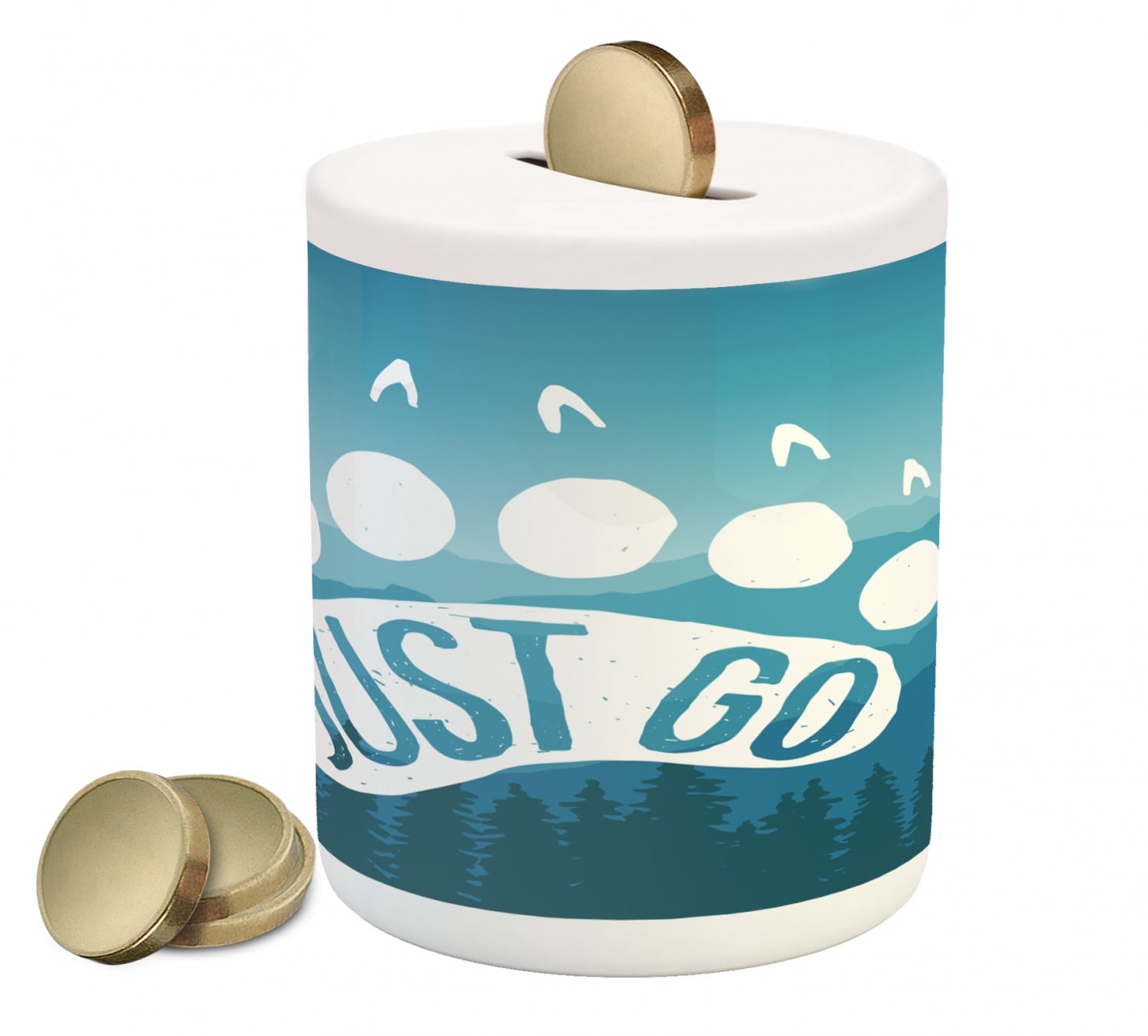 Retro Poster Piggy Bank, Inspirational Just Go Words over Mountains ...