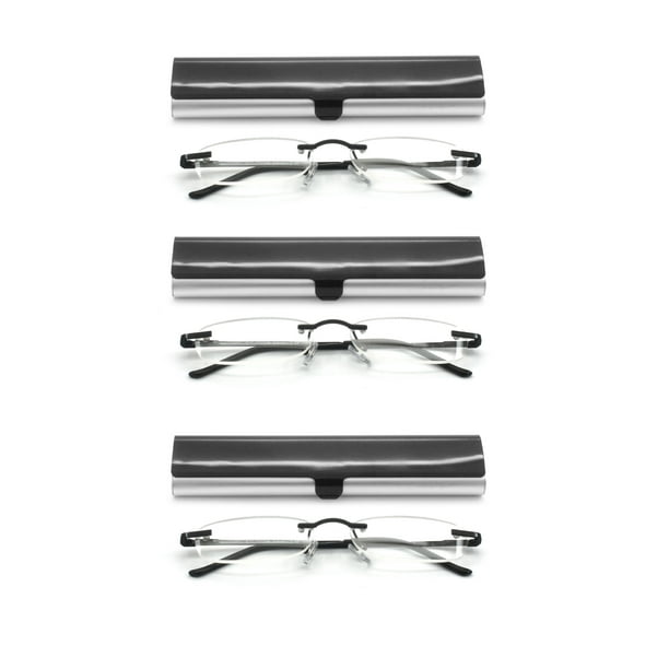 EYE ZOOM Compact 3 Pack Rimless Reading Glasses with Slim Black and ...