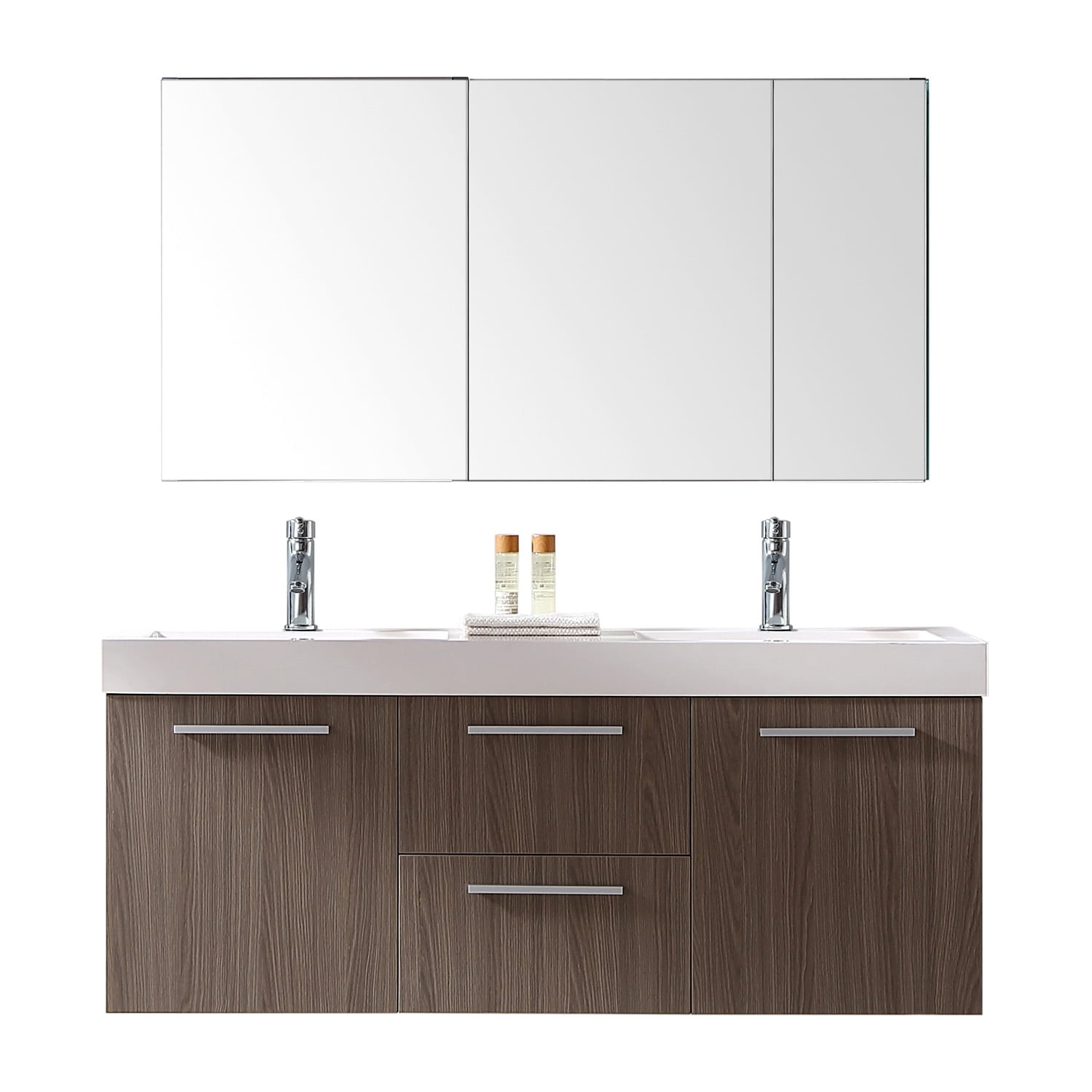 Midori 54" Double Bathroom Vanity in Grey Oak with White Polymarble Top ...